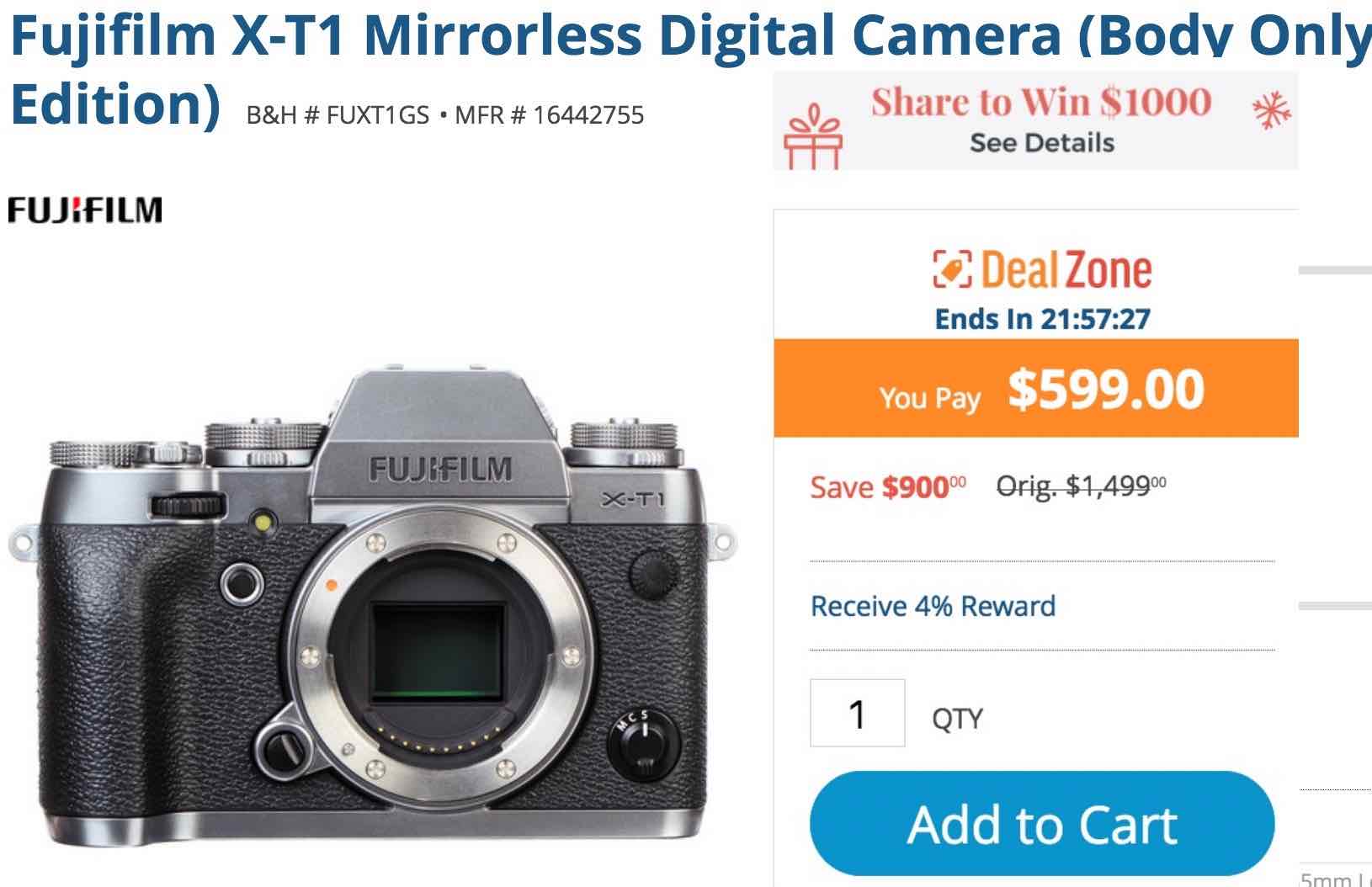 HOT! Graphite Fujifilm X-T1 now $599 Only at BHphoto - TODAY ONLY ...