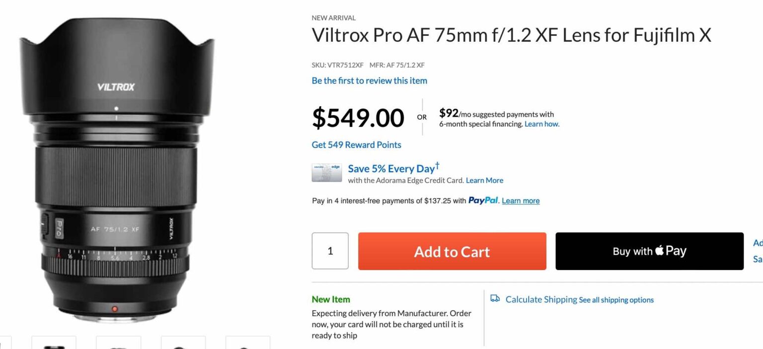 Viltrox 75mm f/1.2 now at Adorama for Pre-Order - Fuji Rumors