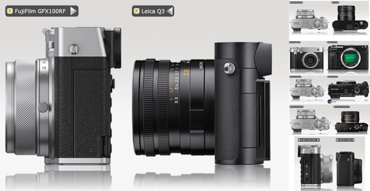 Size Comparison: Fujifilm GFX100RF vs GFX50R vs X100VI vs Leica Q3 vs Sony RX1rII vs Hasselblad ...